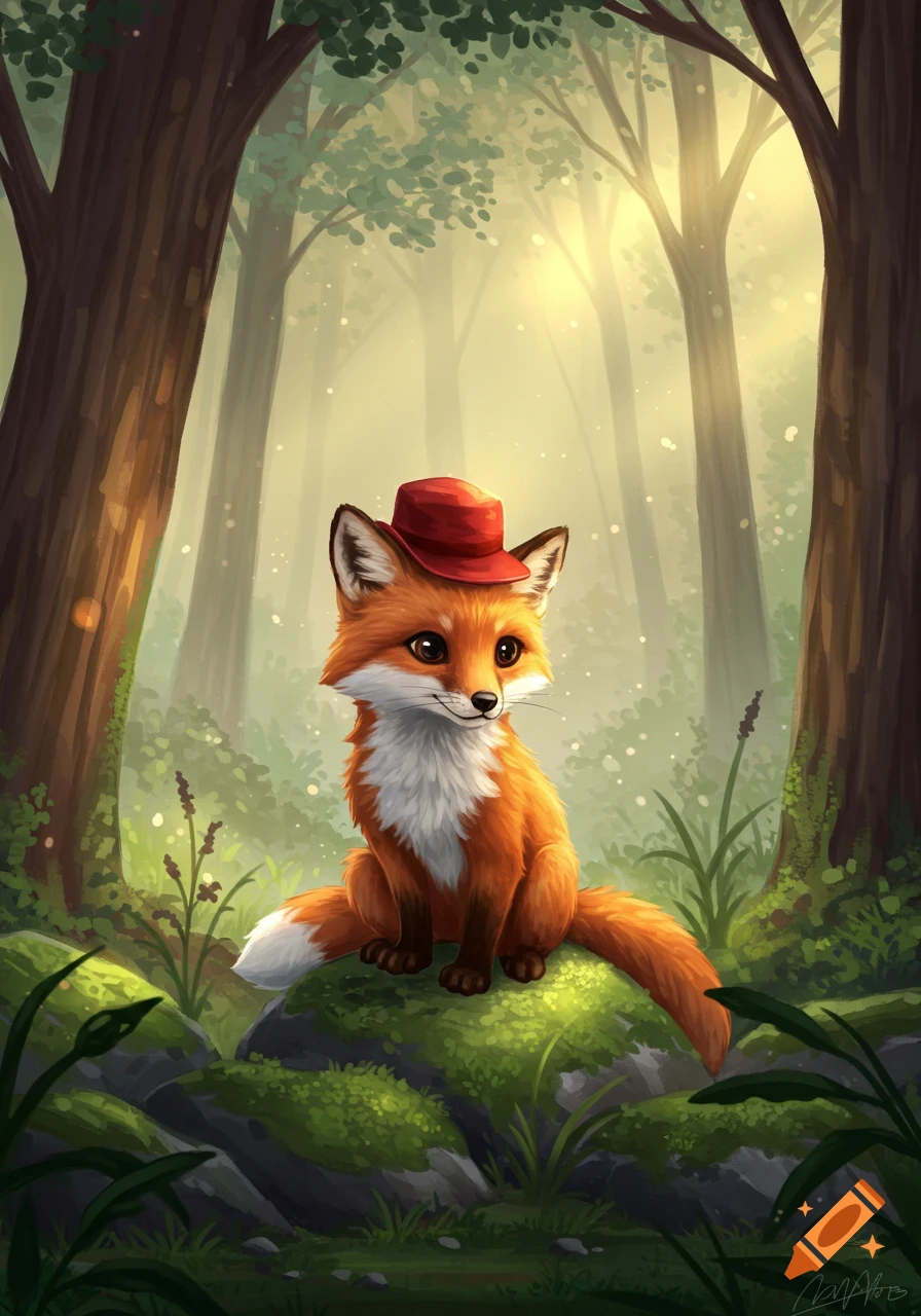 A cute, stylized red fox wearing a small red hat sits on a mossy rock ...