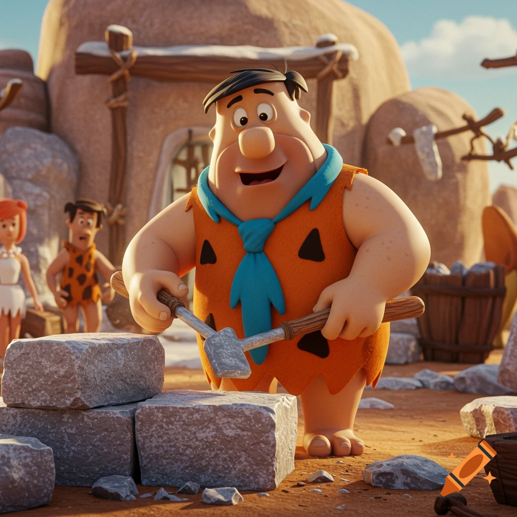 Cartoon Fred Flintstone and Barney Rubble hug in a prehistoric ...