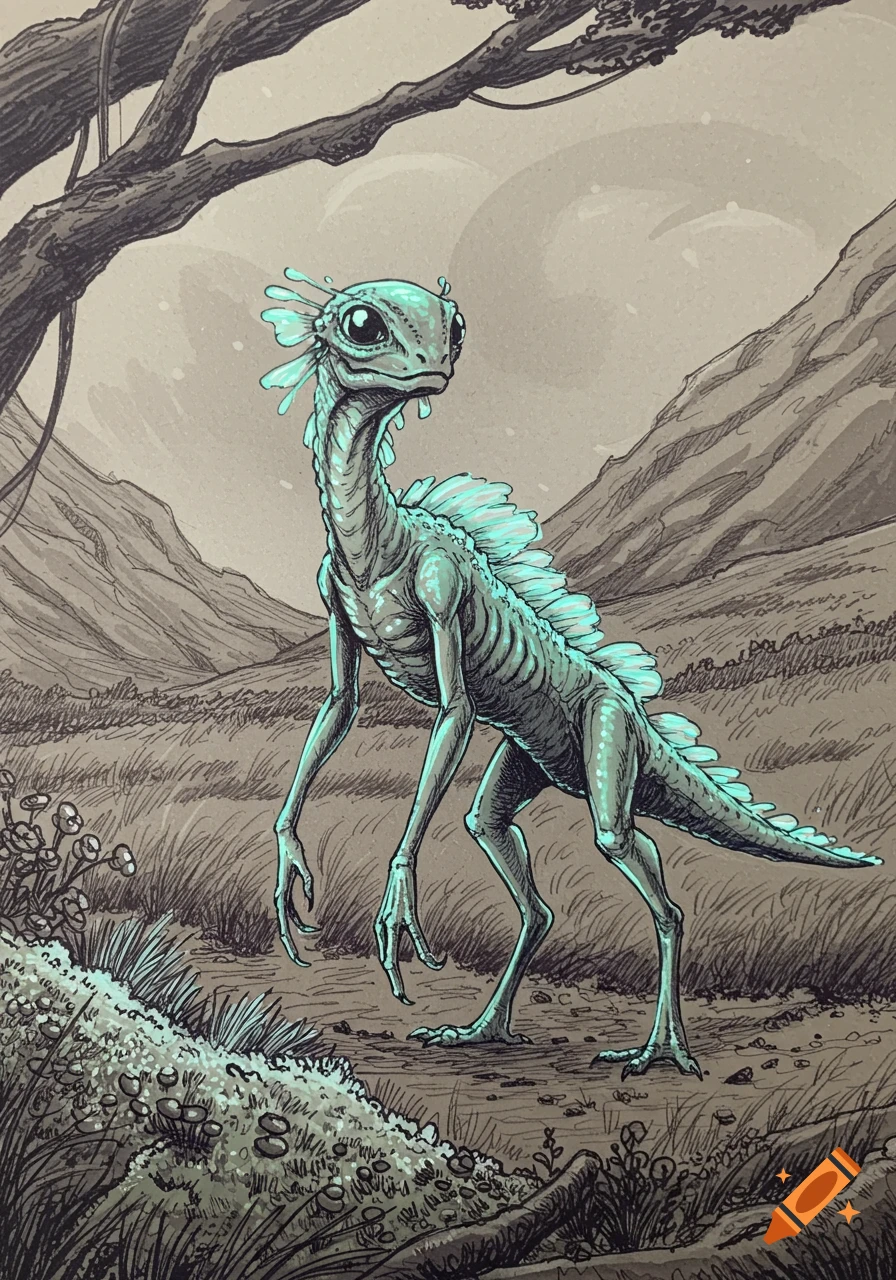 A field sketch illustration of a slender, teal alien creature with ...