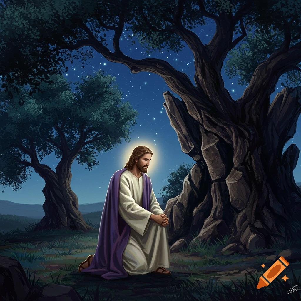 Jesus kneels in prayer under large trees at night, bathed in a ...