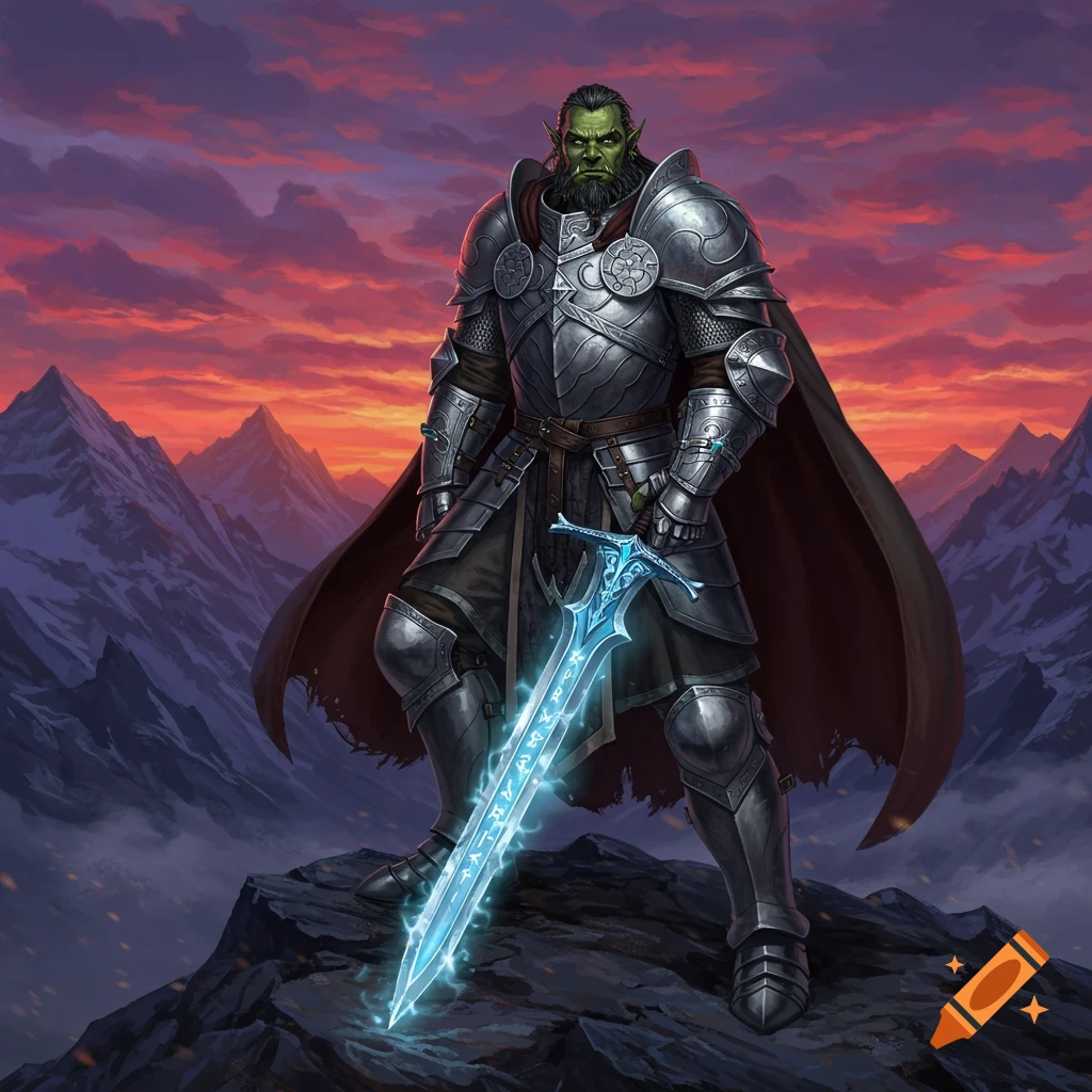 A detailed illustration of a green-skinned half-orc knight in plate ...