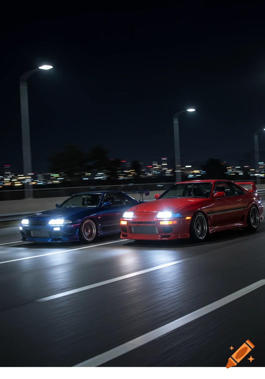 Two JDM cars, one blue and one red, driving side-by-side on a highway ...