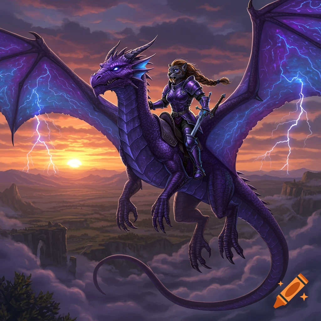 A sabertooth cat knight in purple armor rides a majestic purple dragon ...