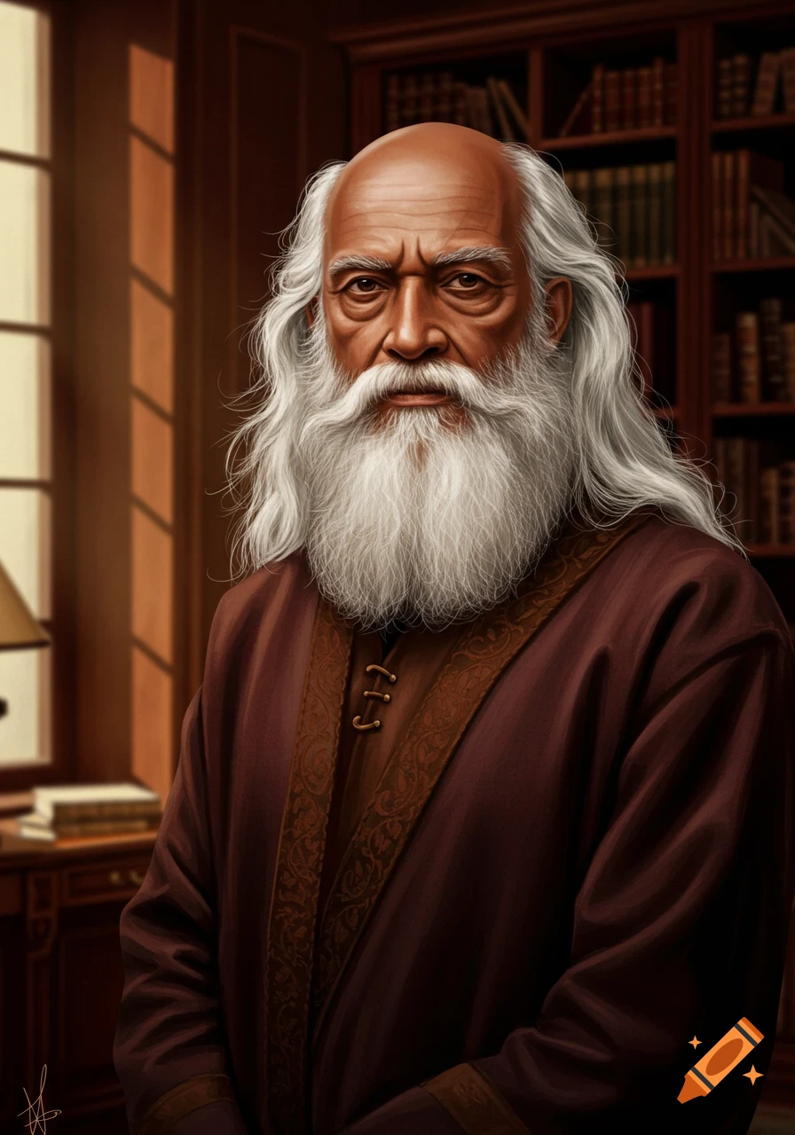 Black and white portrait of an old man with a long, braided white beard ...