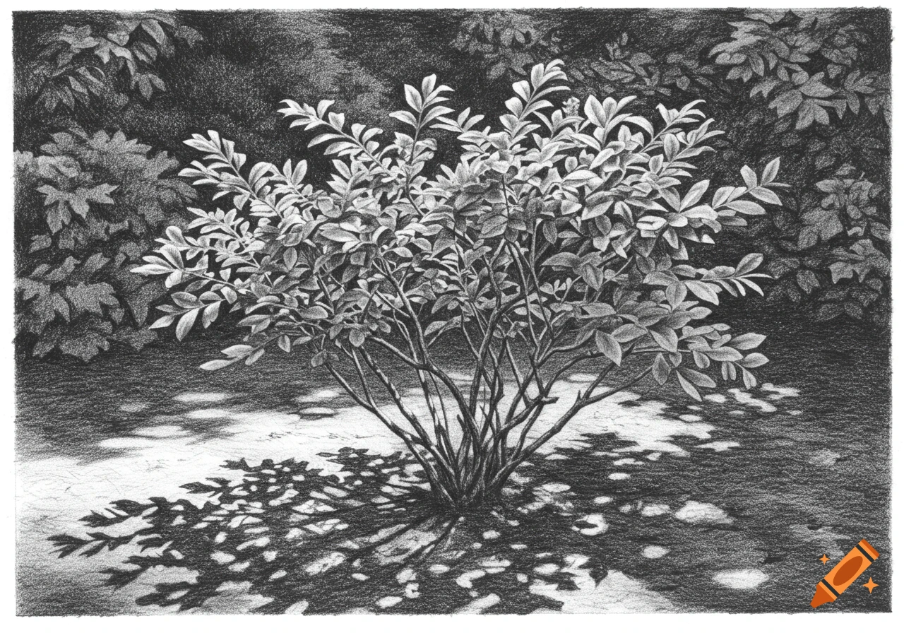Black and white pencil drawing of a shrub with dappled light on its ...