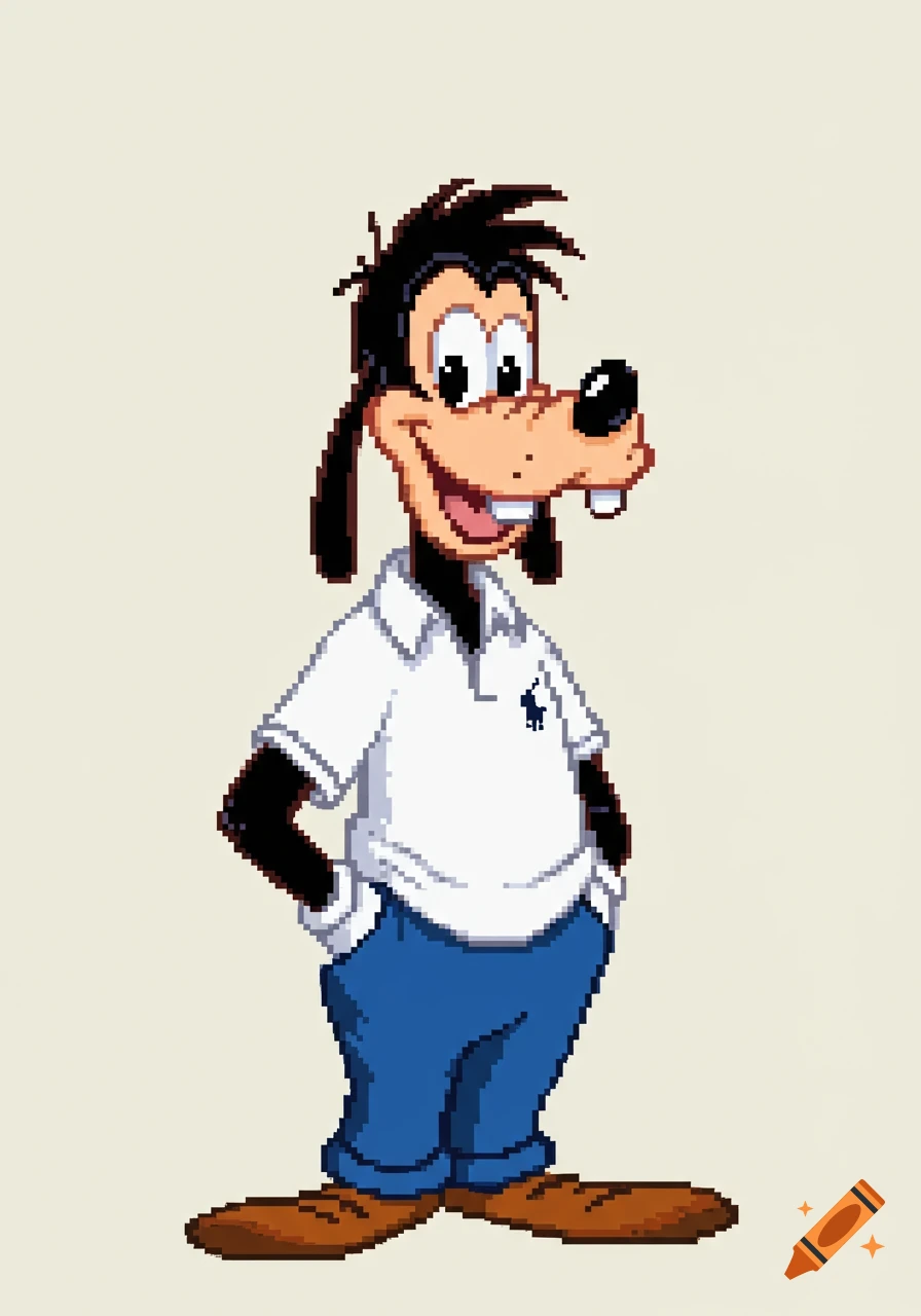 Max Goof rendered in 8-bit pixel art, wearing a white polo shirt with a ...