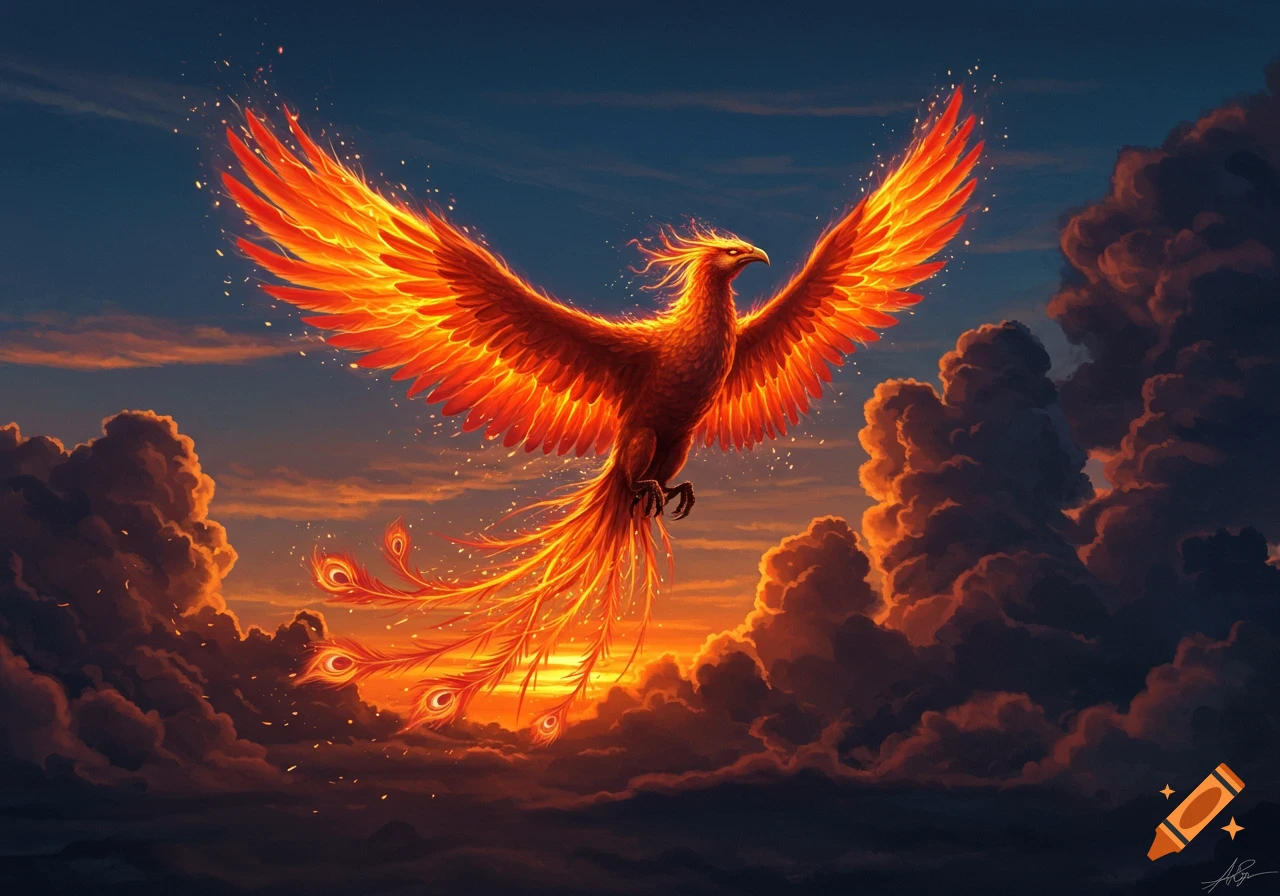 A majestic fiery phoenix with outstretched wings soars through a dramatic sunset sky with ...