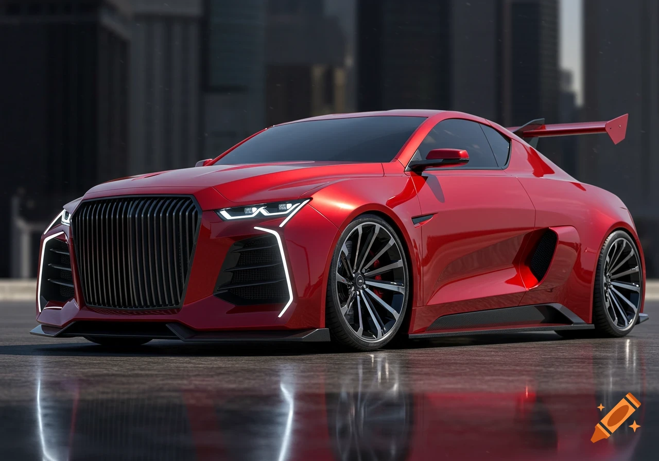 A sleek, red custom hypercar with a prominent grille and large spoiler ...