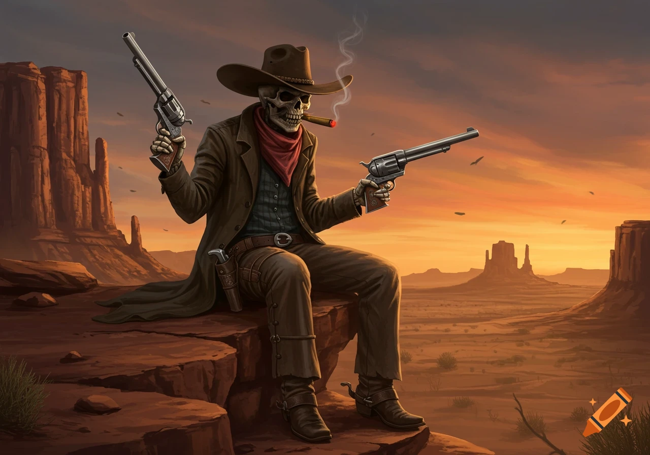 A cartoon skeleton cowboy wearing a red hat and bandana, holding a ...