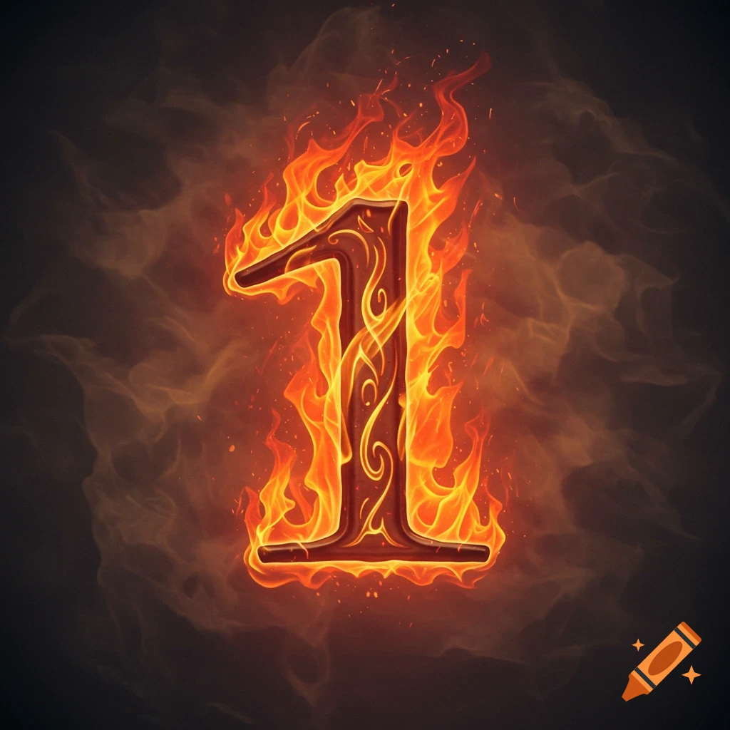 A stylized fiery number one, with flames surrounding it against a dark ...