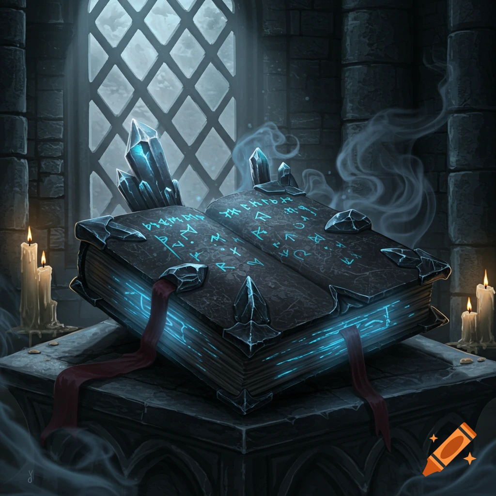 A glowing longsword with blue runes stands upright on a stone pedestal in a dark, ancient ...