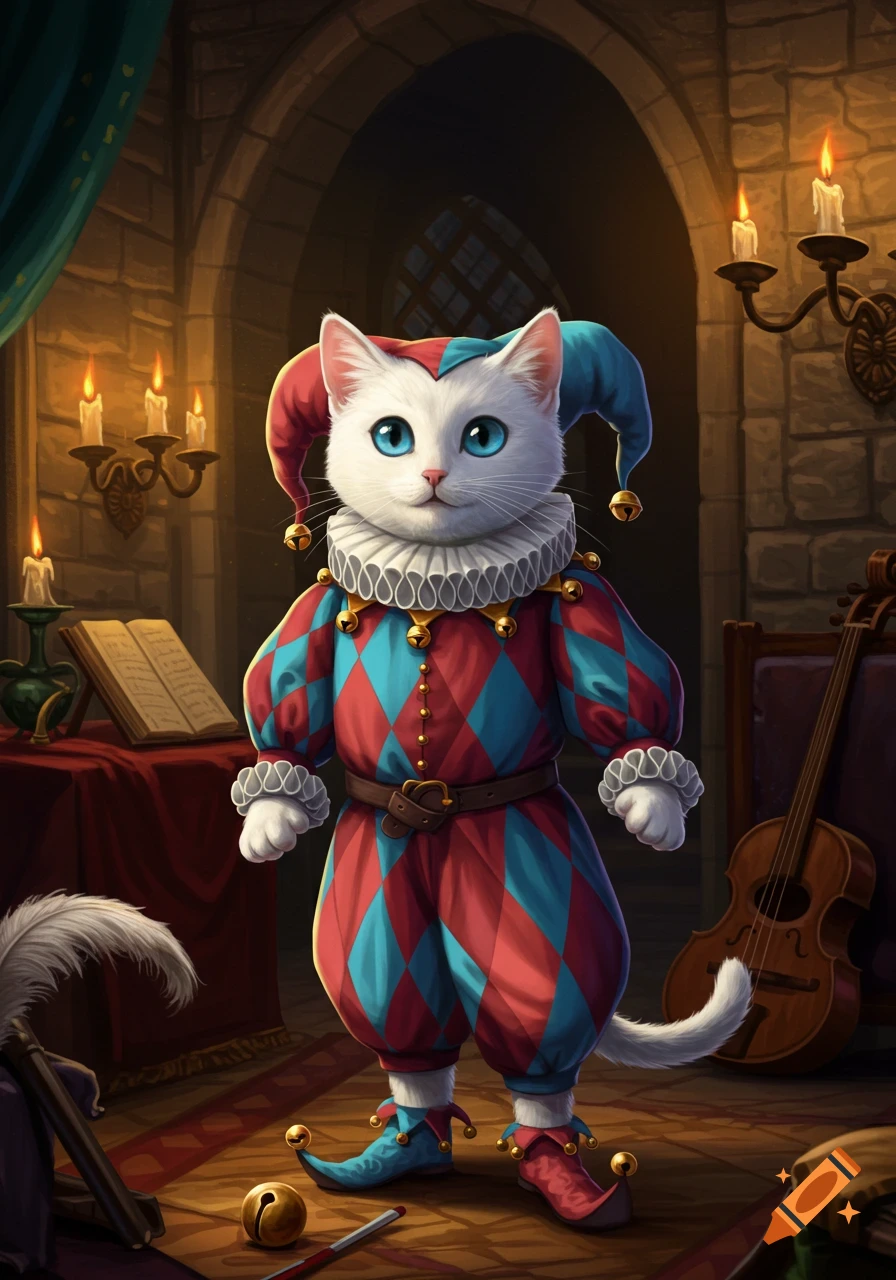 Vicious anthropomorphic white fox jester with blue eyes and sharp claws ...