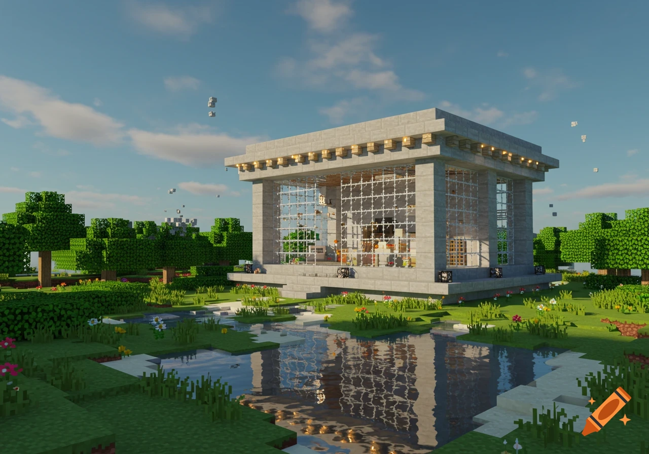 A Minecraft-style wooden shop with a glowing neon_shop sign at dusk ...