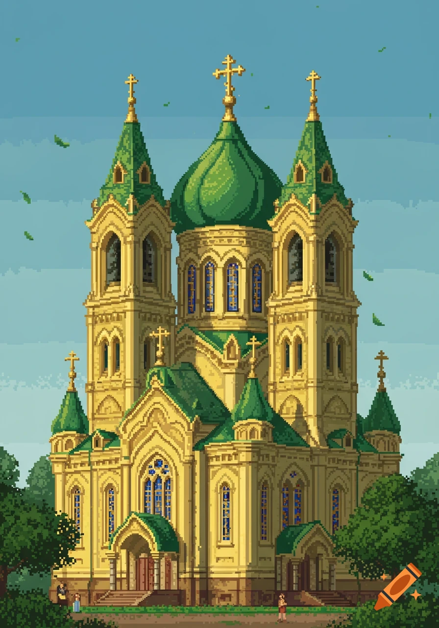 Pixel art illustration of a grand Orthodox church with green domes and ...