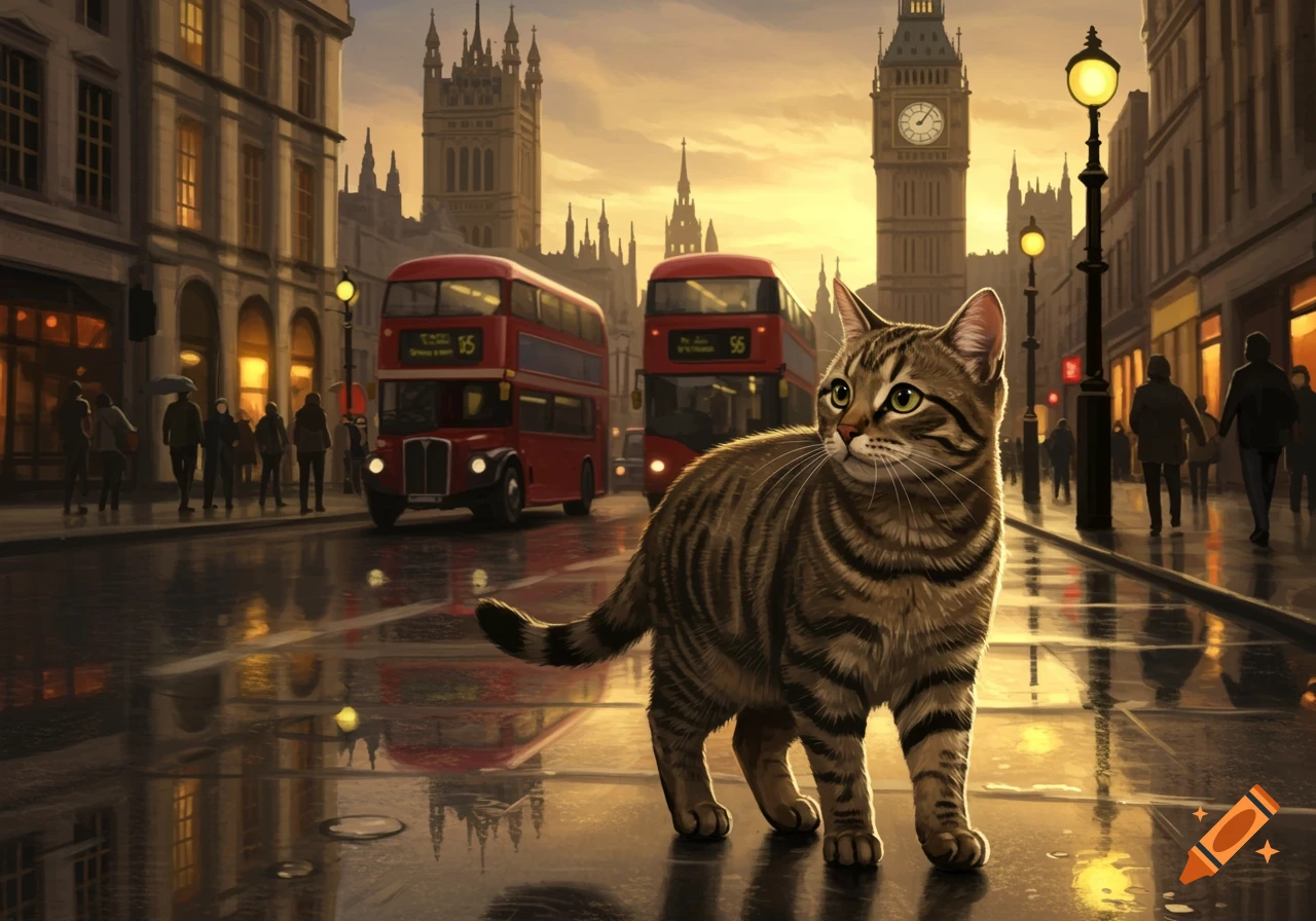 Painterly cityscape of London with Big Ben, red double-decker buses ...