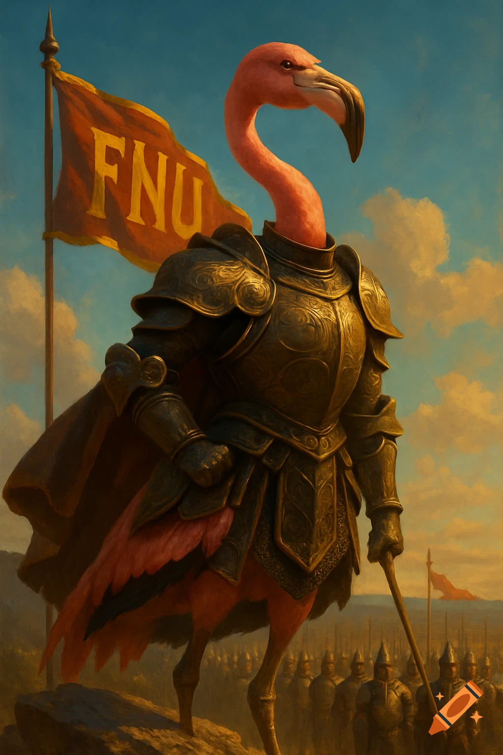 A painterly image of a yellow Labrador in Roman gladiator armor and red ...