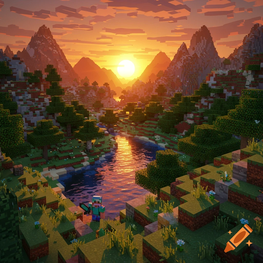 A blocky spaceship flies over a Minecraft-style landscape with ...