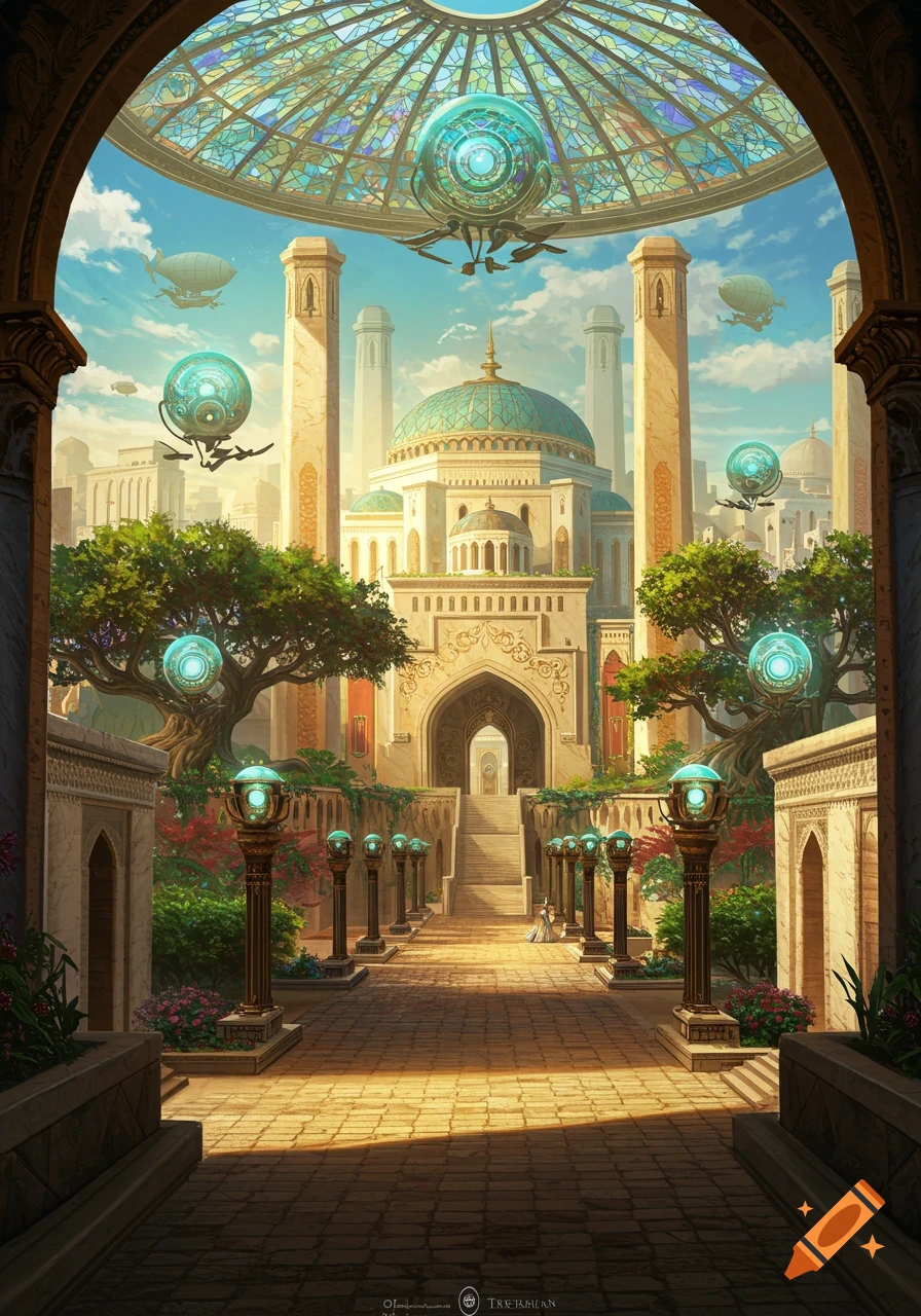 Roman columns and blocky stairs heavily overgrown with green vines in a ...