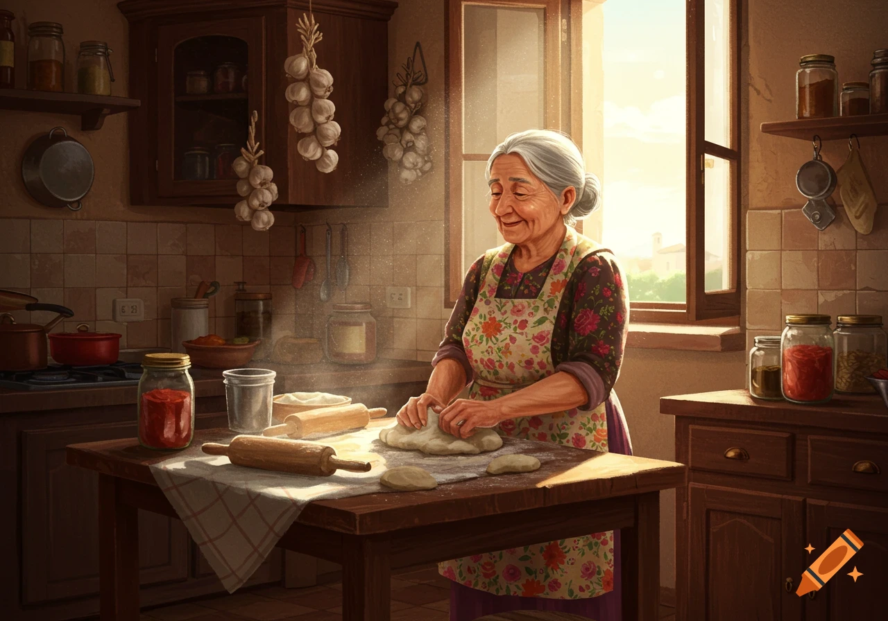 A joyful cartoon chef in a red apron slices an onion, tears streaming ...