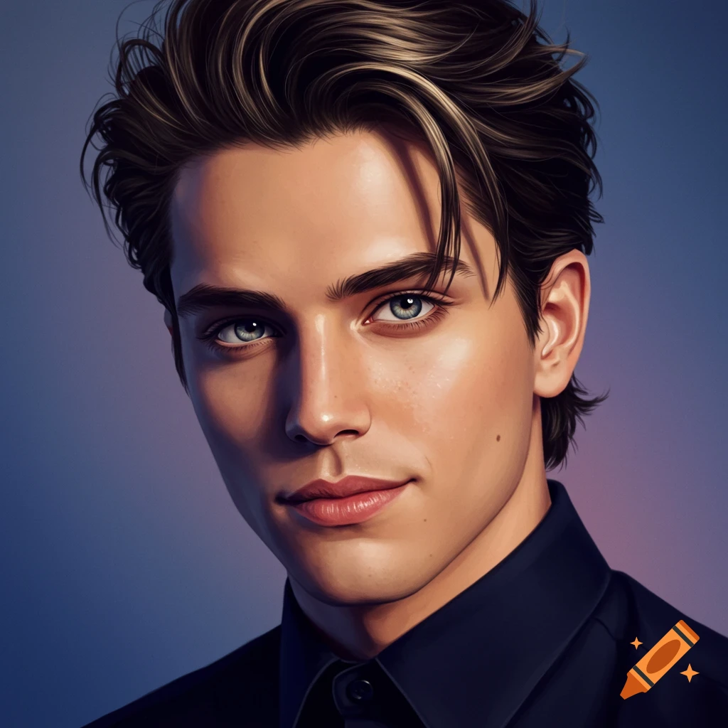 Close-up digital art portrait of a young man with brown hair and blue ...