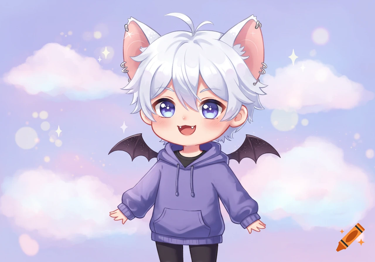 A cute anime chibi child with sparkling eyes, wearing a light blue ...