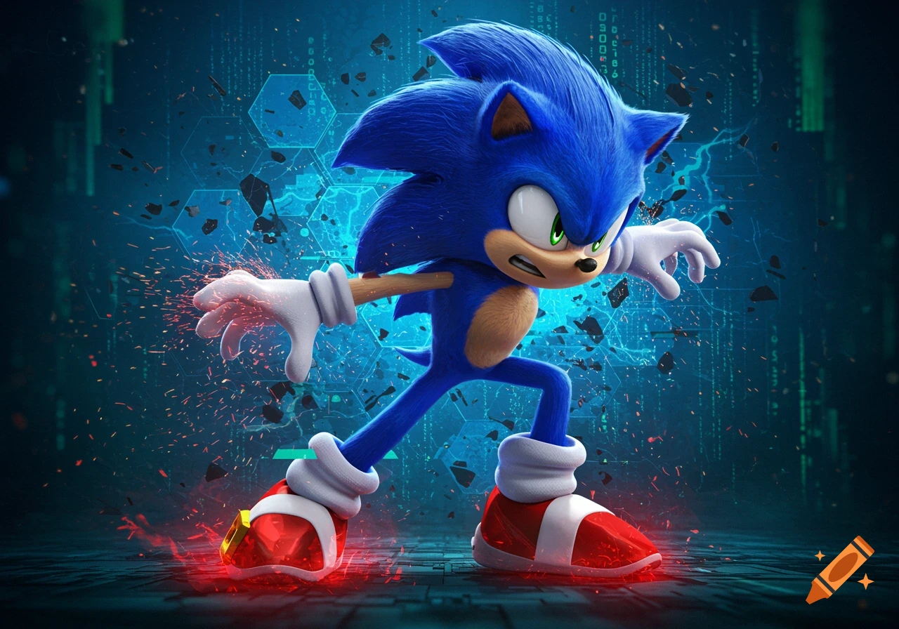 Sonic the Hedgehog runs intensely on a dark track against a dynamic ...