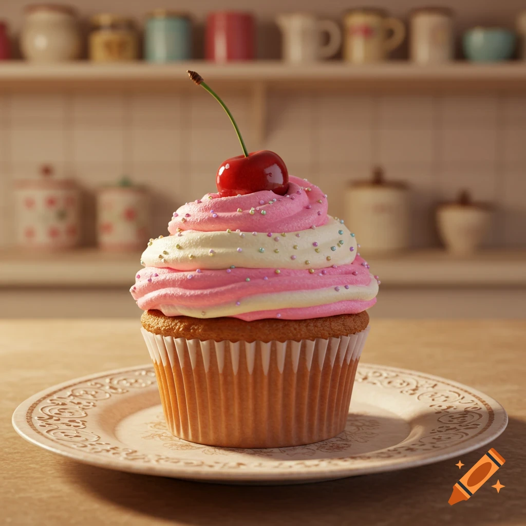 A single cupcake with swirled pink and white frosting, colorful ...