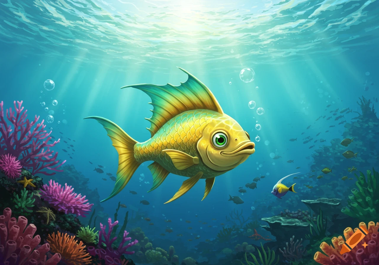 A cute, peach-colored cartoon fish with big eyes and pink fins swims in ...