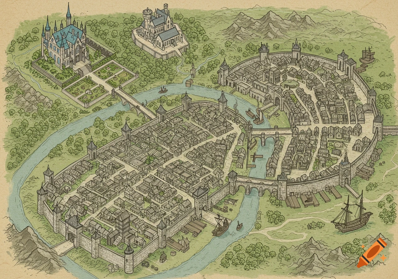 Isometric map illustration of a circular walled desert city with canals, houses, and river, in a ...