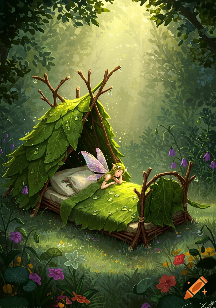 A beautiful illustration of a fairy resting in a bed of leaves and ...