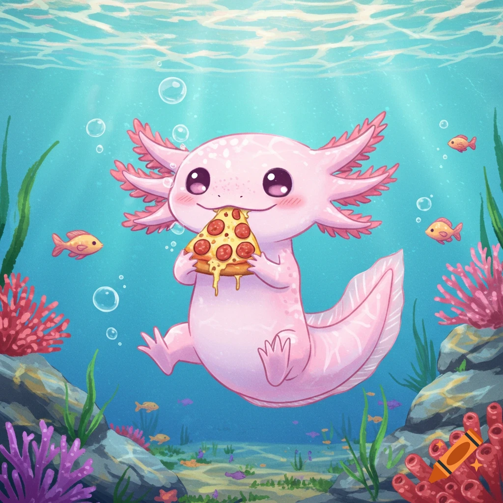 A cute pink cartoon axolotl floats underwater, eating cheese and ...