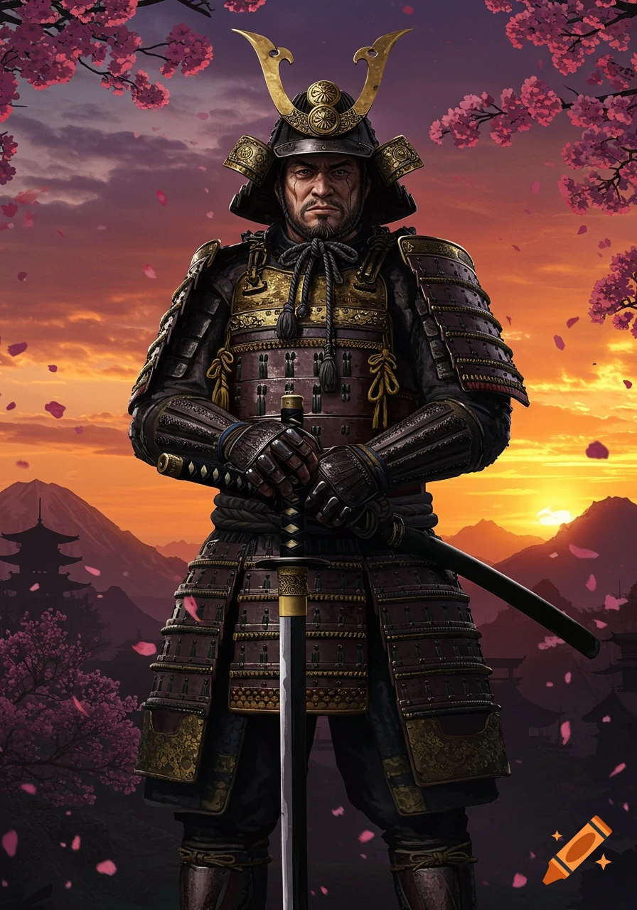A samurai warrior in detailed armor holding a katana, standing beneath ...