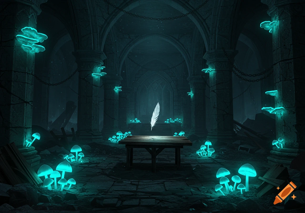 Dark fantasy art of gothic catacombs with glowing teal mushrooms ...