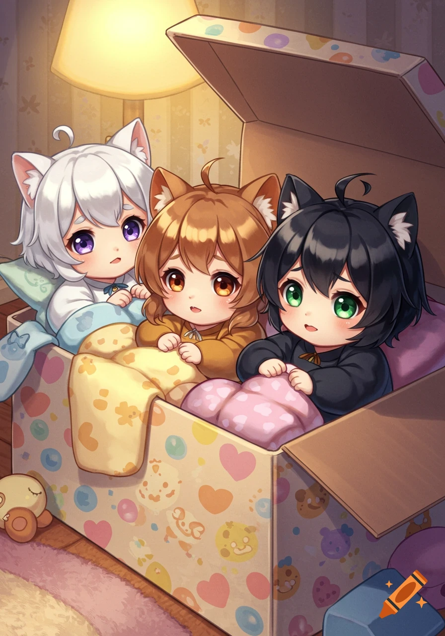 Three cute anime chibi cat girls huddle in a decorated cardboard box ...
