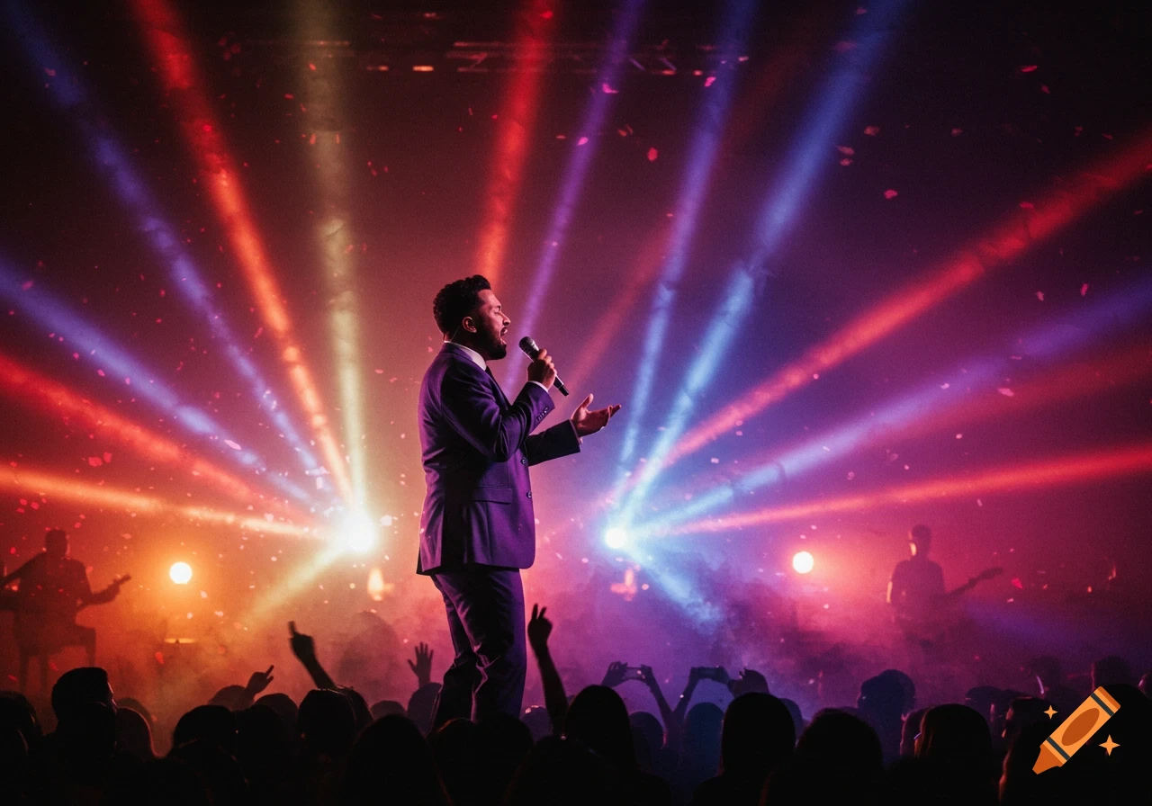 A large crowd attends a vibrant concert with a stage lit by red and ...