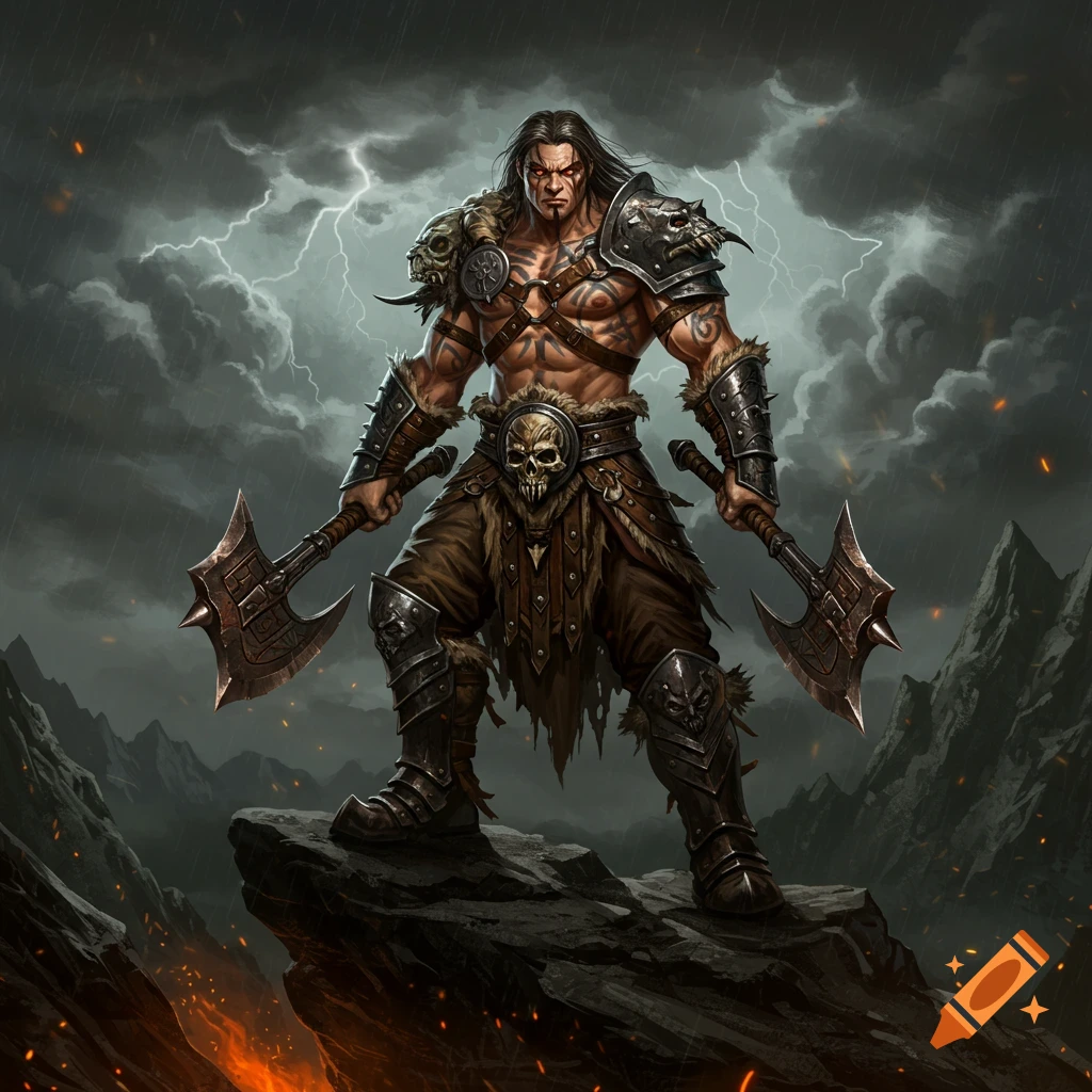 A fierce female barbarian warrior stands in armor with two swords on a battlefield under a ...