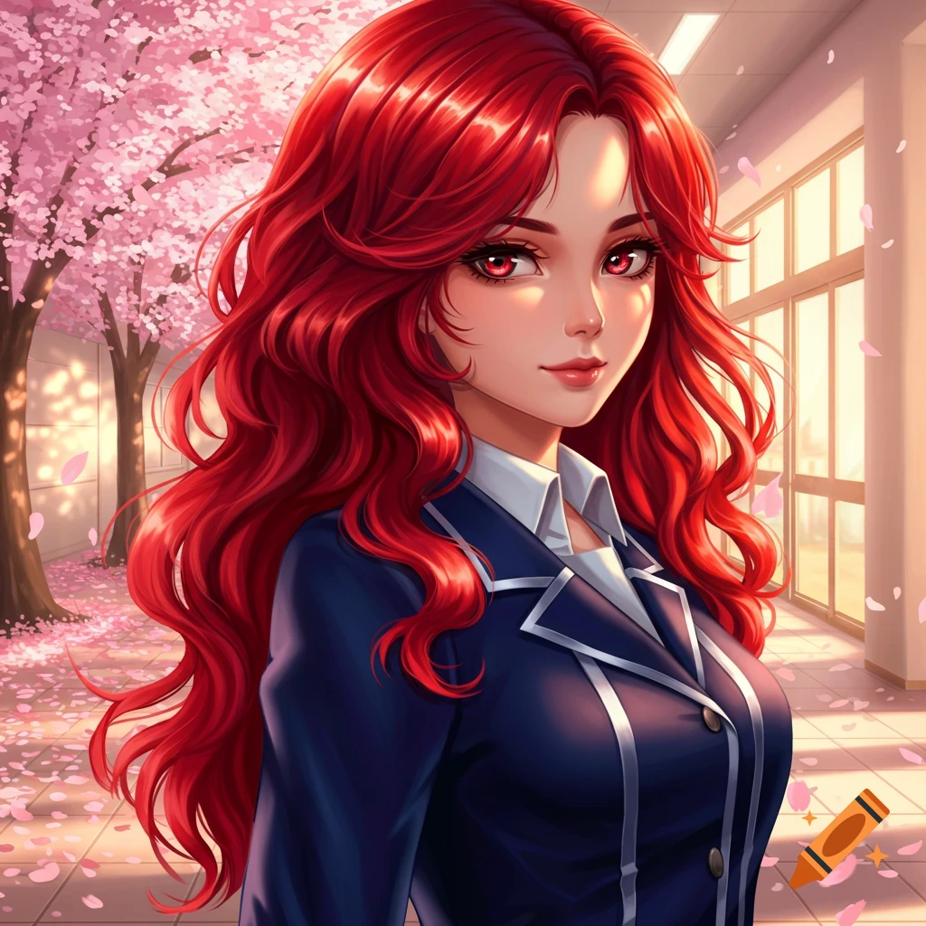 Anime girl with red hair and eyes in a navy school uniform amidst ...