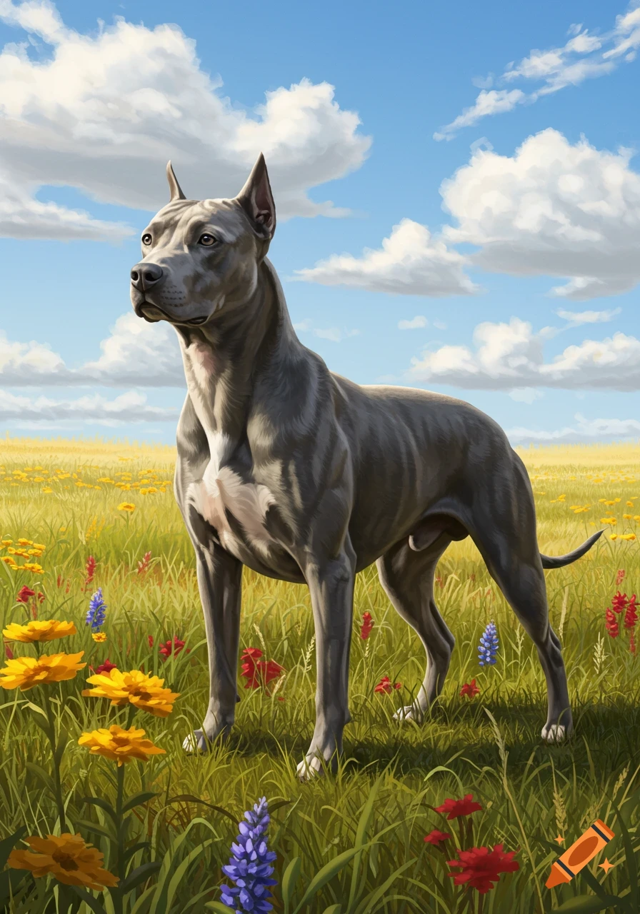 A muscular gray dog stands in a field of yellow, red, and purple ...