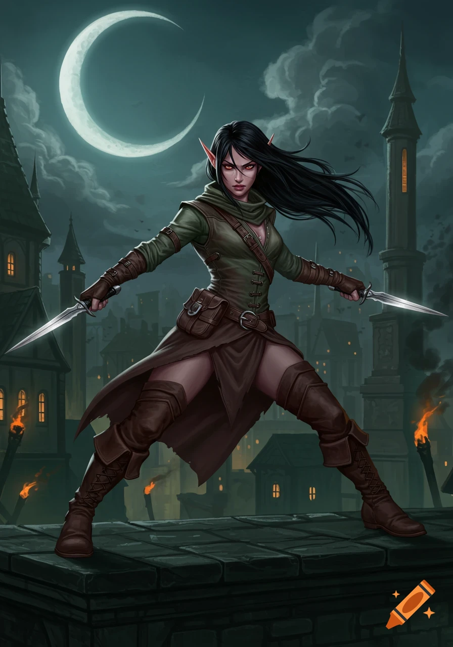 A female elf with green braids and red eyes in brown robes stands in a ...