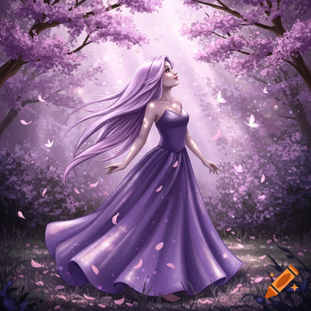 A woman with long purple hair and a shimmering purple dress stands in a ...