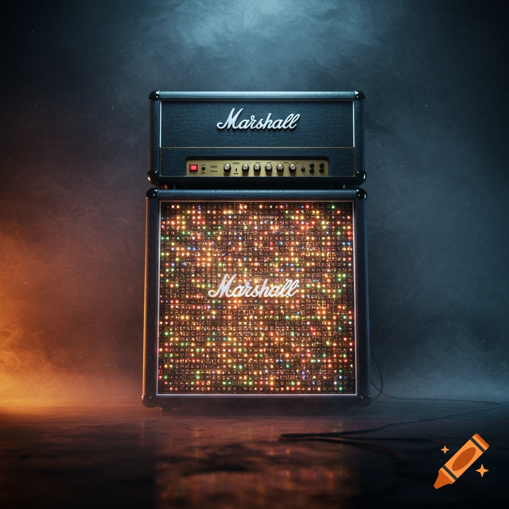 A black Marshall guitar amplifier and speaker cabinet. The speaker has ...