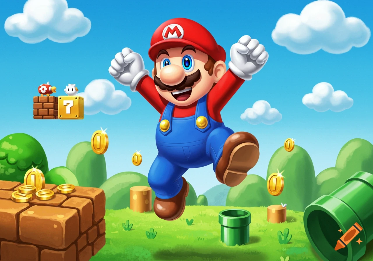 3D rendered image of Mario jumping in a vibrant, cartoonish Super Mario ...