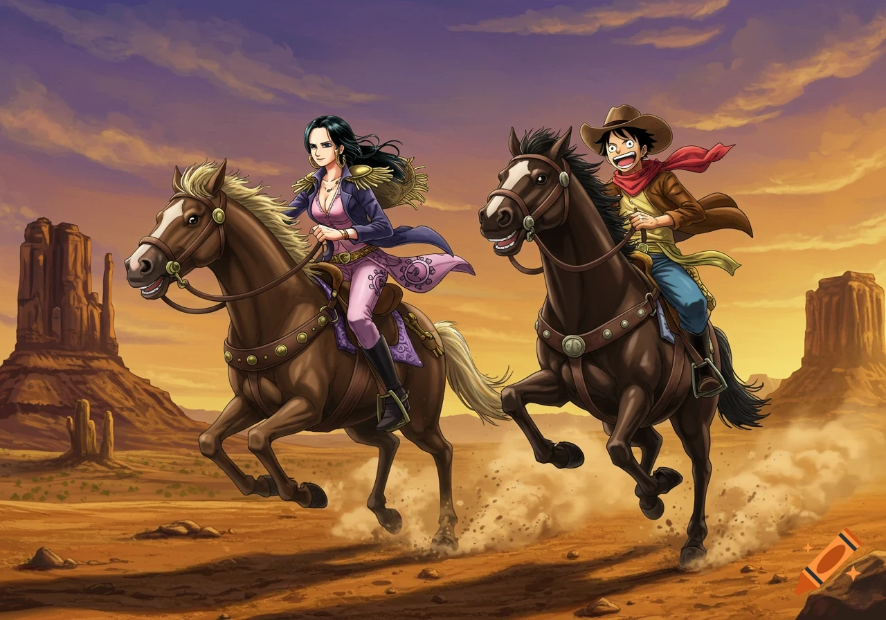Anime characters Boa Hancock and Luffy racing horses through a desert ...