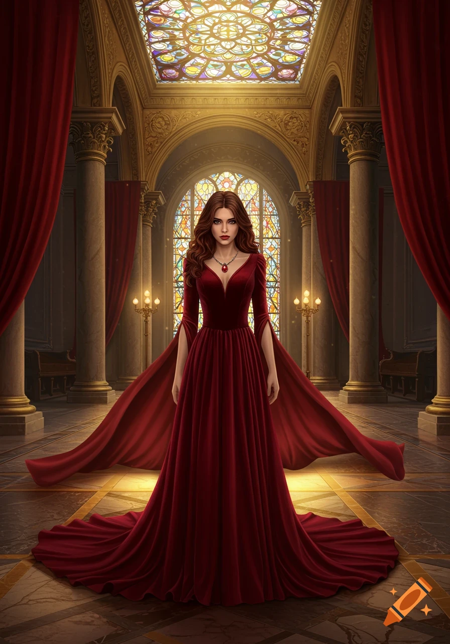 A woman in a long, flowing red dress stands in a grand hall with ...