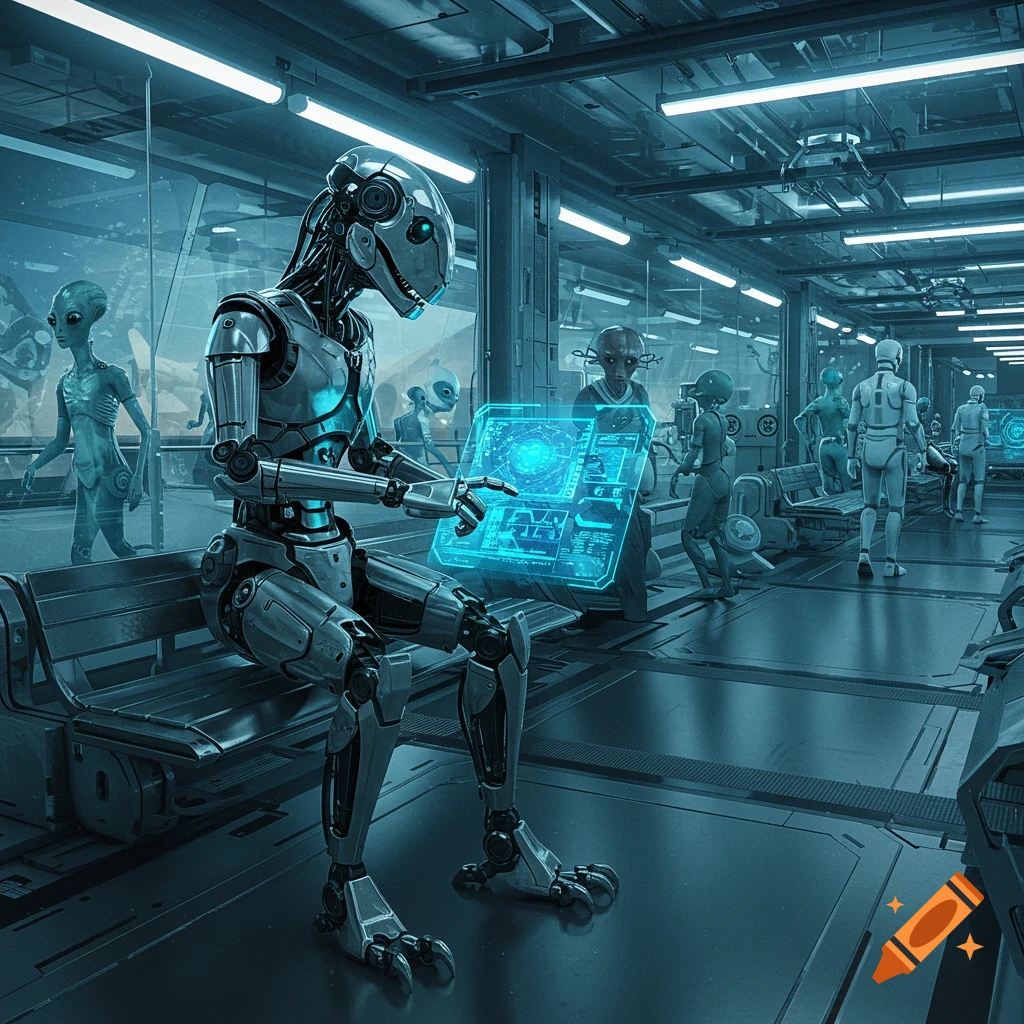 A futuristic robot sits on a bench, interacting with a glowing blue holographic panel in a space ...