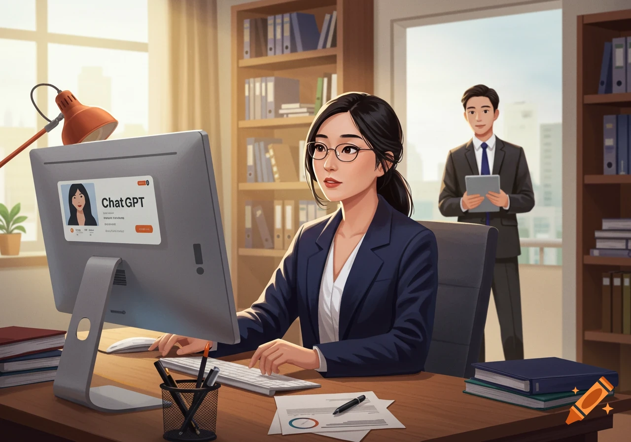 A cartoon woman in an office works at a computer with "Chat GPT" on the screen, while a man ...