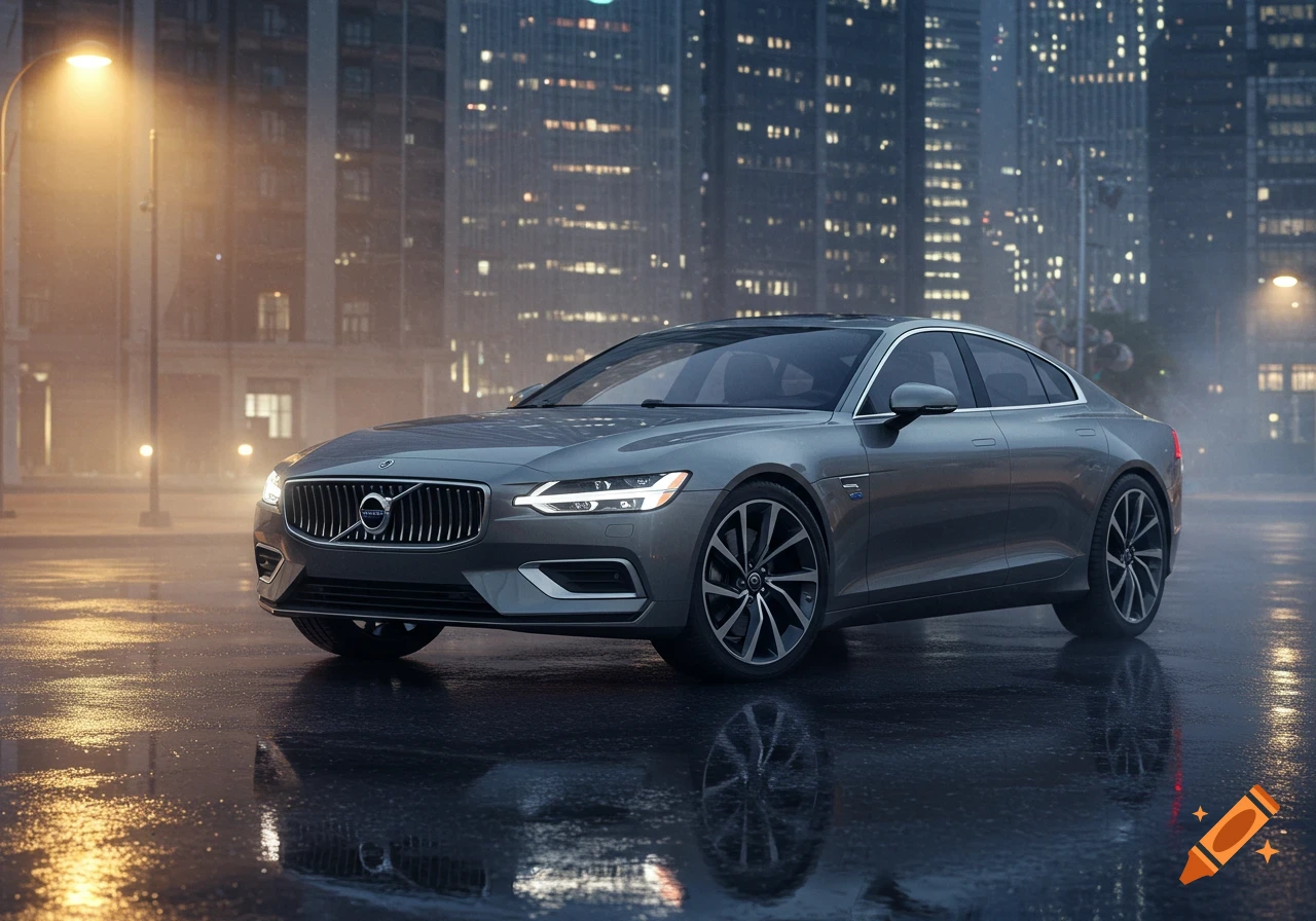 A grey Volvo sedan is parked on a wet city street at night, with ...