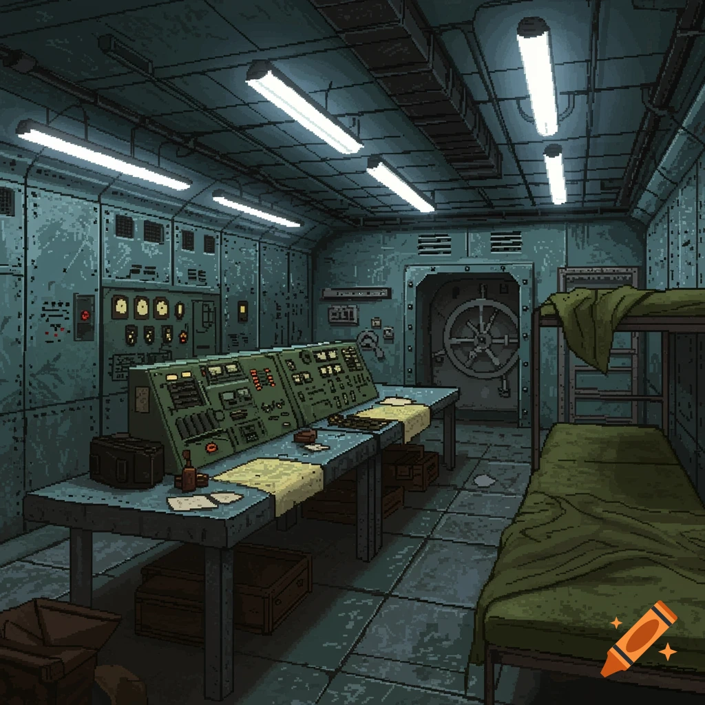 Pixel art of a dark, cold war bunker room with a control panel, safe door, and bunk beds. on Craiyon