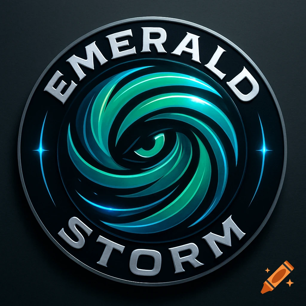 A circular logo for Emerald Storm, featuring metallic silver text around a swirling green and ...