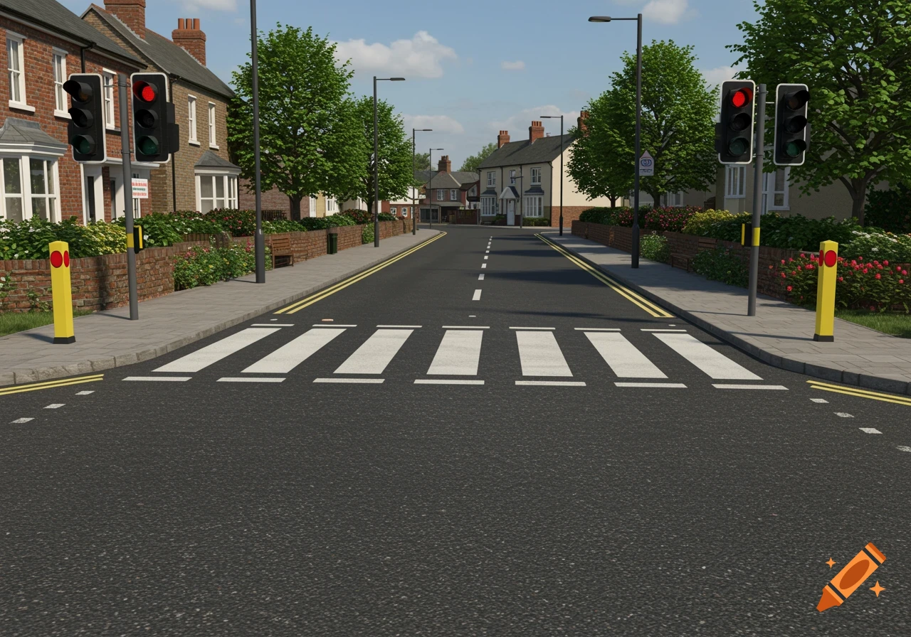 A photorealistic street scene in the UK featuring a pedestrian crossing ...